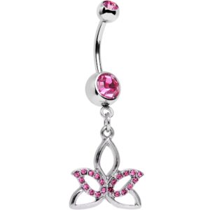 body candy stainless steel pink accent live in the light lotus flower dangle belly ring