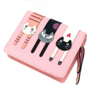 valentoria® birthday gifts for women's mini faux leather bifold 3 cat design clutch wallet (pink)