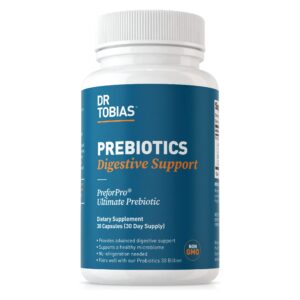 dr. tobias prebiotics, supports digestion & gut health, feed good probiotic bacteria, boost gut immune function, vegan & non-gmo gut health supplements for men and women, 30 capsules, 30 servings