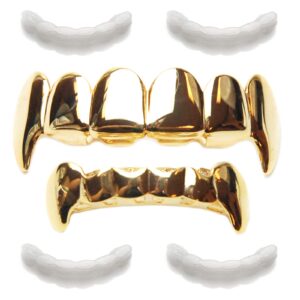 vampire grillz set with 4pc fixing bar fangs gold plated top & bottom teeth dracula ls 020 g