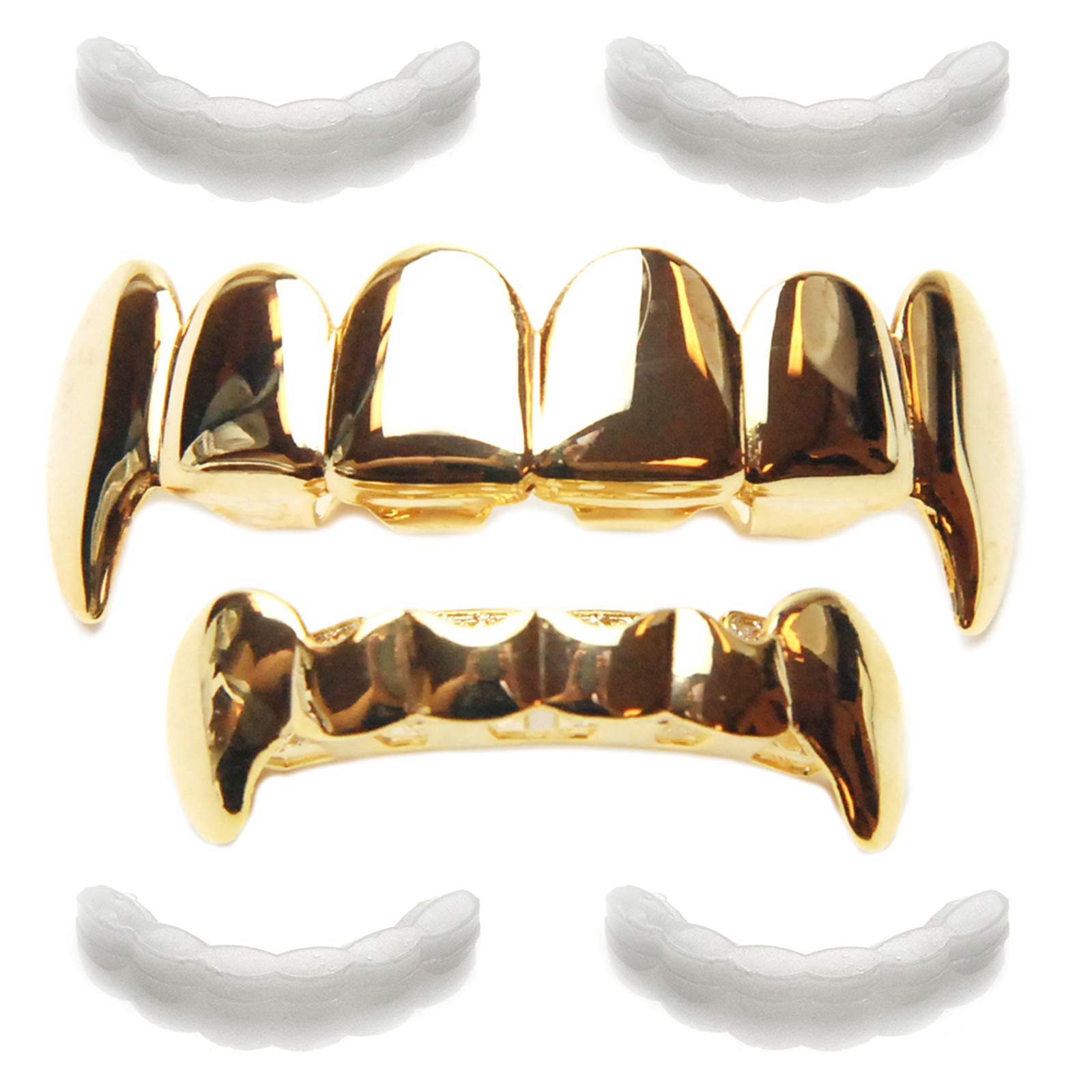 Vampire GRILLZ SET with 4pc fixing bar Fangs Gold Plated Top & Bottom Teeth Dracula LS 020 G