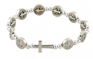 religious jewelry silver tone saint benedict medal prayer bead rosary stretch bracelet, 7 1/2 inch