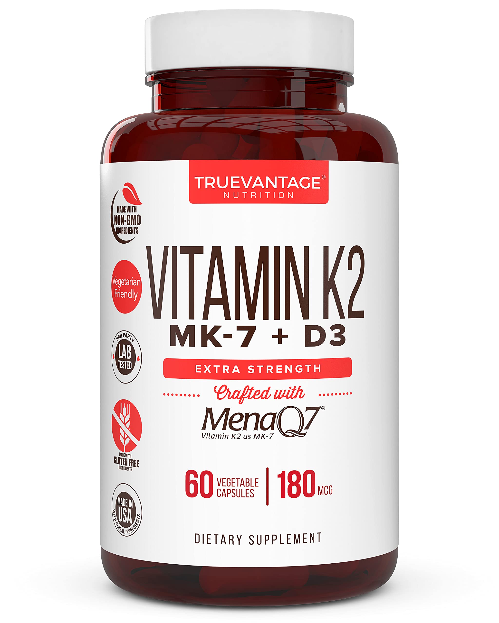 Vitamin K2 D3 Supplement 5000 IU D3 and 180 mcg Vitamin k2 MK7 Supplement for Healthy Bones, Healthy Heart & Cardiovascular Health-60 Easy to Swallow Vegetable caps of MenaQ7 K2 MK7