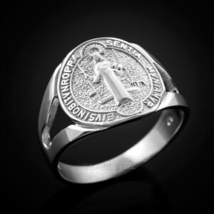 Religious Jewelry by LABLINGZ 10K White Gold Saint Benedict Medallion Ring (Size 9)