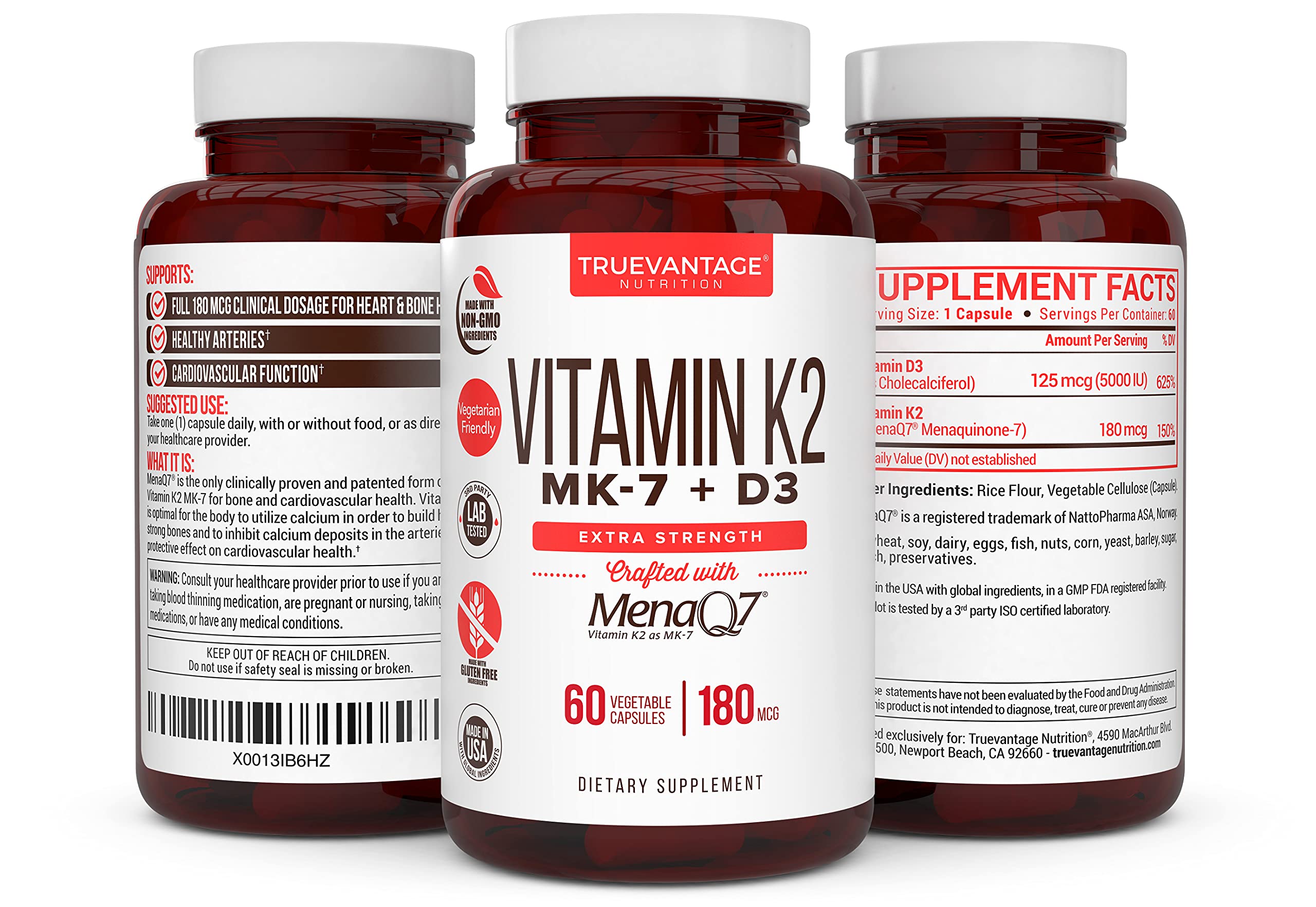 Vitamin K2 D3 Supplement 5000 IU D3 and 180 mcg Vitamin k2 MK7 Supplement for Healthy Bones, Healthy Heart & Cardiovascular Health-60 Easy to Swallow Vegetable caps of MenaQ7 K2 MK7