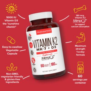 Vitamin K2 D3 Supplement 5000 IU D3 and 180 mcg Vitamin k2 MK7 Supplement for Healthy Bones, Healthy Heart & Cardiovascular Health-60 Easy to Swallow Vegetable caps of MenaQ7 K2 MK7