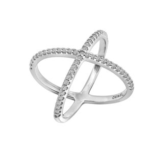 amazon essentials platinum plated sterling silver made with infinite elements cubic zirconia criss cross single "x" ring, size 8, (previously amazon collection)