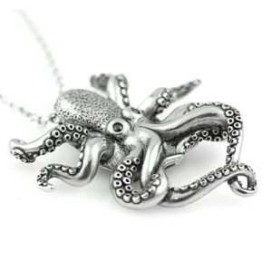 Controse Silver-Toned Stainless Steel Black eyed Octopus Necklace with Pendant (18" - 20" Adjustable Chain)