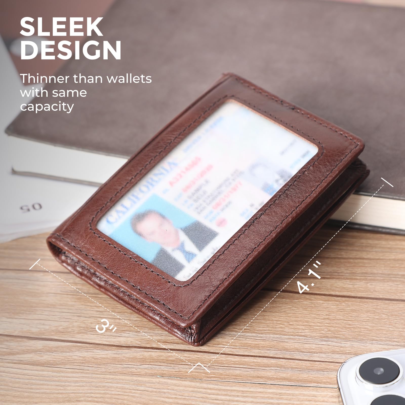 compalo RFID Blocking Front Pocket Minimalist Slim Leather Bifold Wallet Credit Card Case Holder ID Window