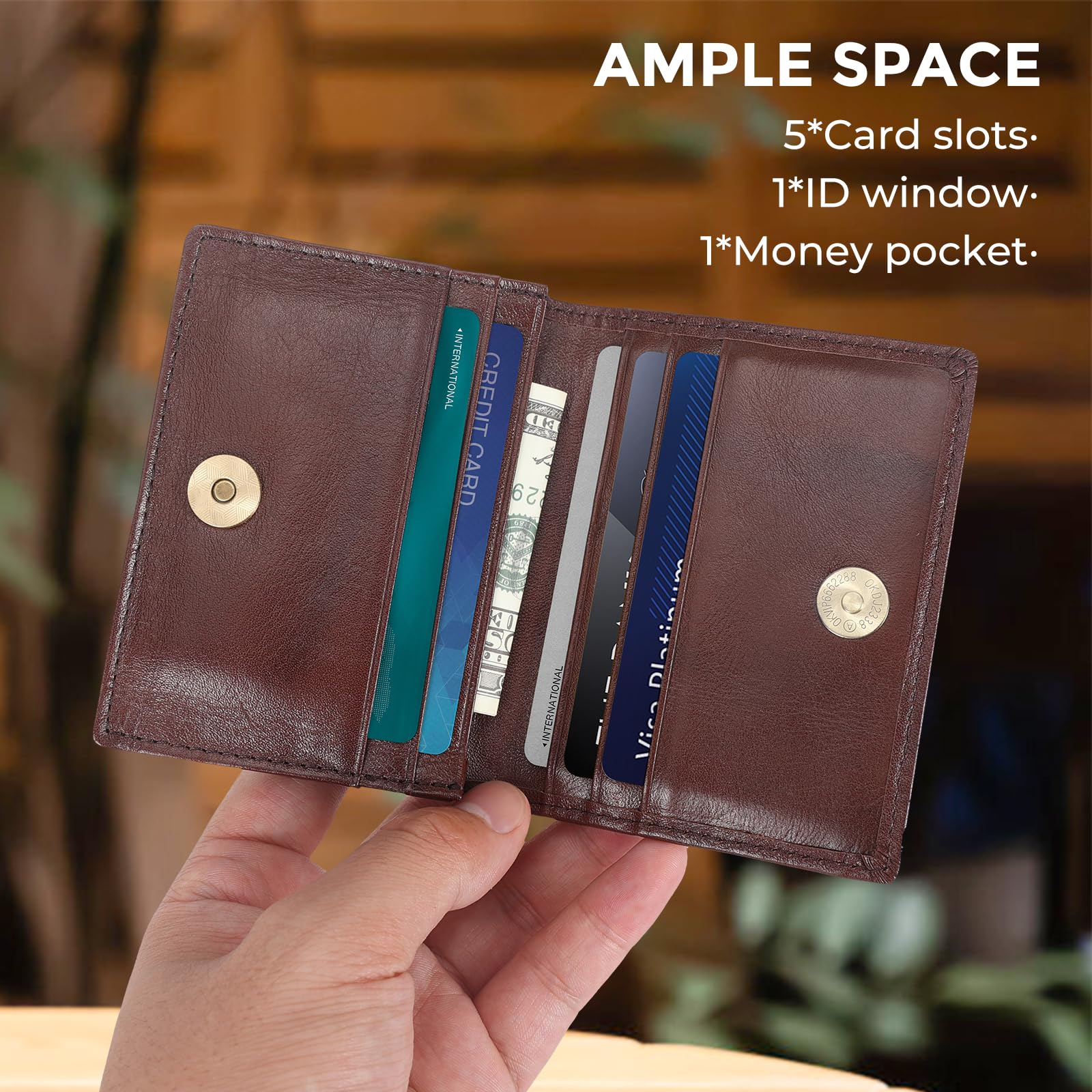 compalo RFID Blocking Front Pocket Minimalist Slim Leather Bifold Wallet Credit Card Case Holder ID Window