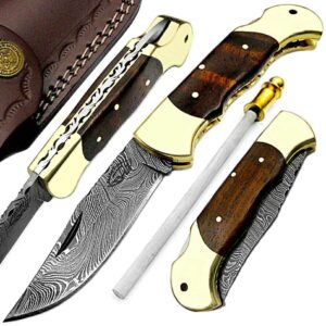 best.buy.damascus1 damascus pocket knife 7.5" rose wood 3pcs knife set folding knife pocket knife for men, knife sharpeners premium quality hunting gear pocket knives gifts for men