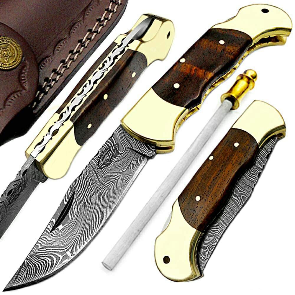 Best.Buy.Damascus1 Damascus pocket knife 7.5" Rose Wood 3Pcs Knife Set Folding knife Pocket Knife For Men, knife Sharpeners Premium Quality Hunting gear Pocket Knives gifts for men