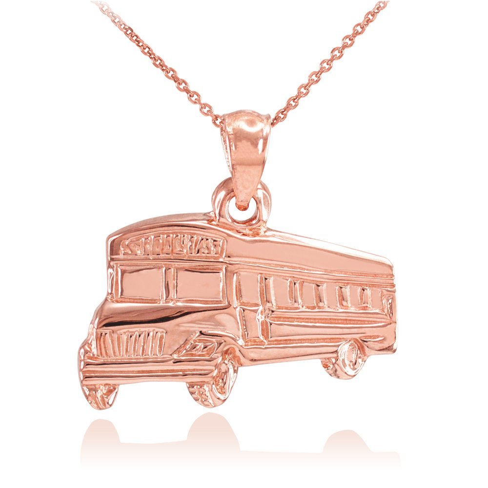 Sideways Crosses Fine 14k Rose Gold School Bus Pendant Necklace, 18"