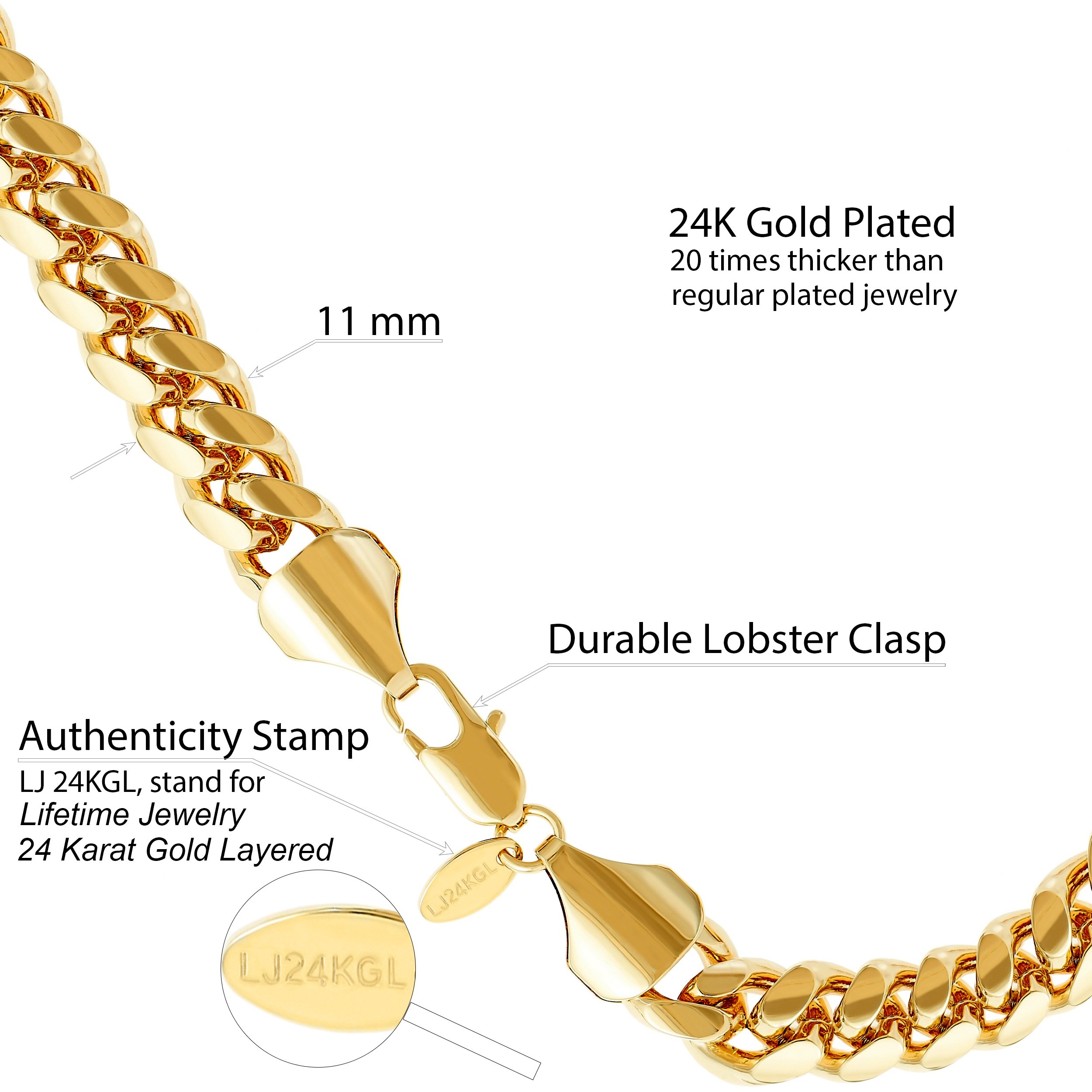 LIFETIME JEWELRY 11mm Miami Curb Cuban Link Chain Bracelet 24k Real Gold Plated (Gold, 8 inches)