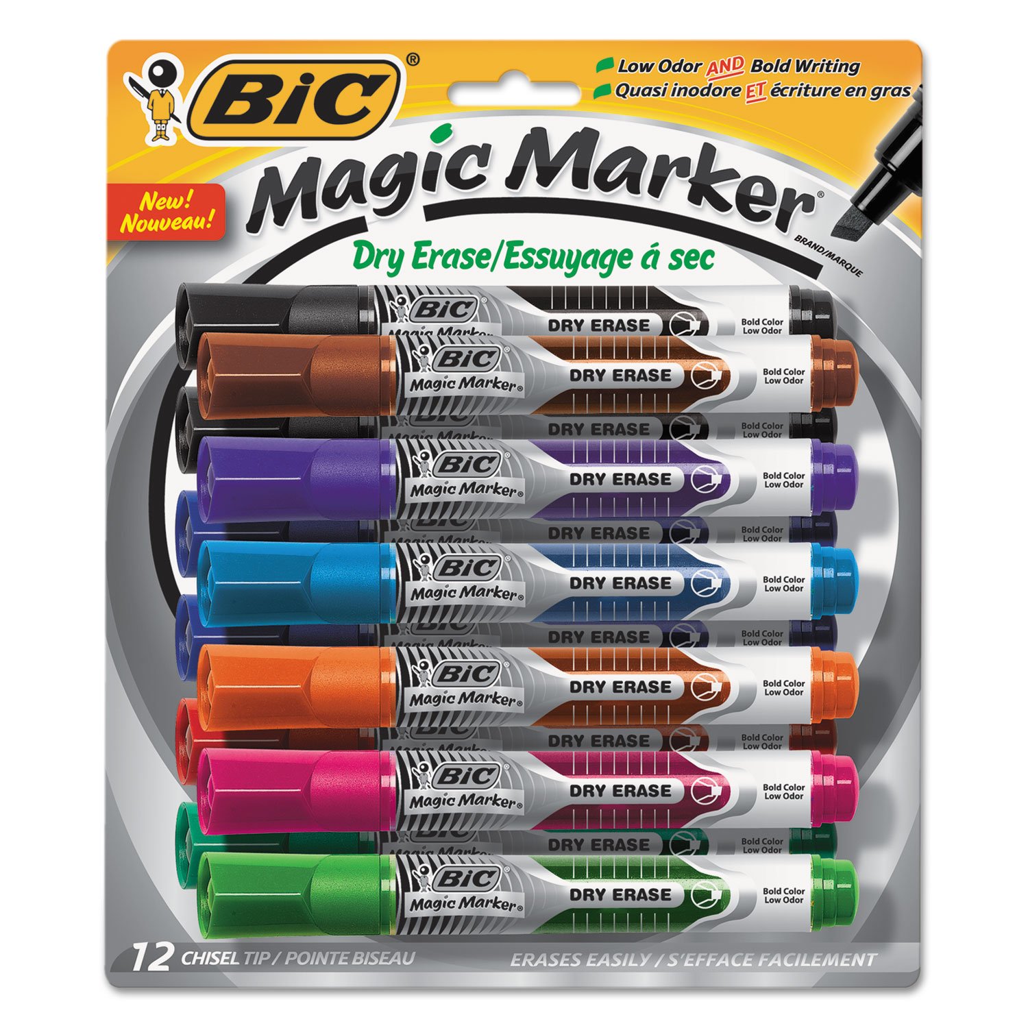 BIC GELITP121AST Low Odor and Bold Writing Dry Erase Marker Chisel Tip Assorted Dozen