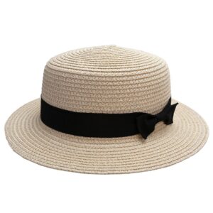 ayliss women bowknot straw hat summer fedoras boater sun hat,light khaki