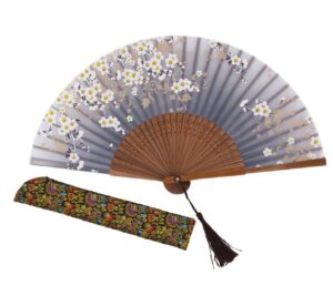 amajiji charming elegant modern woman handmade bamboo silk 8.27" (21cm) folding pocket purse hand fan, collapsible transparent holding painted fan with silk pouches/wrapping. (czt-06)