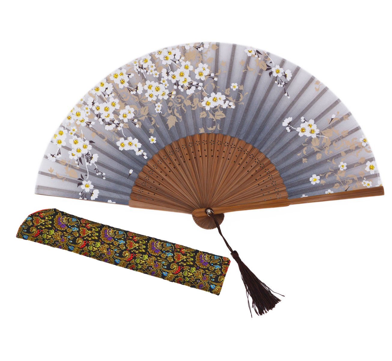 Amajiji Charming Elegant Modern Woman Handmade Bamboo Silk 8.27" (21cm) Folding Pocket Purse Hand Fan, Collapsible Transparent Holding Painted Fan with Silk Pouches/Wrapping. (CZT-06)