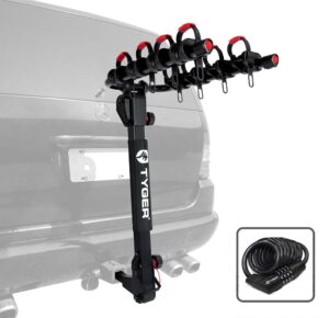 tyger auto tg-rk4b102b deluxe 4-bike carrier rack compatible with both 1-1/4'' and 2'' hitch receiver | with hitch pin lock & cable lock | soft cushion protector