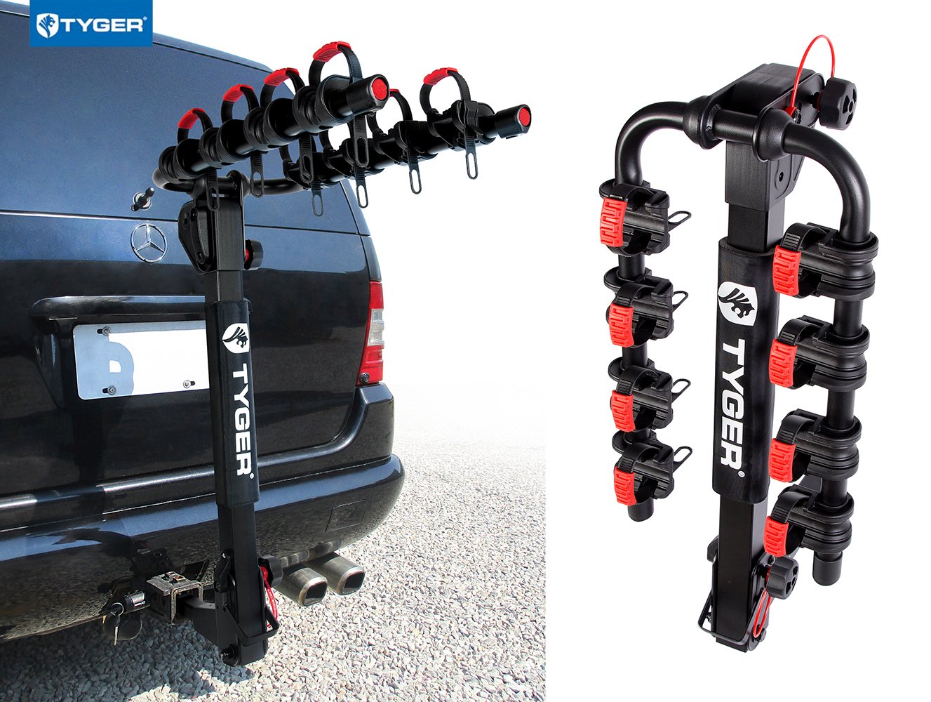 Tyger Auto TG-RK4B102B Deluxe 4-bike Carrier Rack Compatible with both 1-1/4'' and 2'' Hitch Receiver | with Hitch Pin Lock & Cable Lock | Soft Cushion Protector