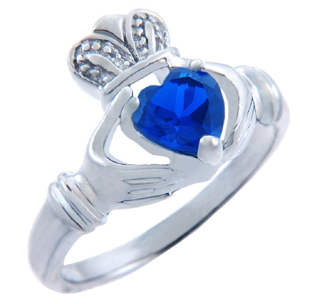 Personalized Sterling Silver Solitaire September Birthstone Heart CZ Irish Claddagh Ring (Size 7)