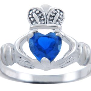 Personalized Sterling Silver Solitaire September Birthstone Heart CZ Irish Claddagh Ring (Size 7)