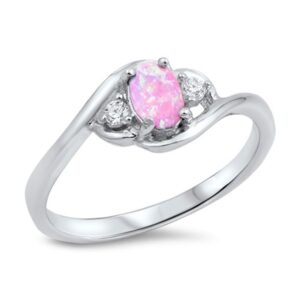 swirl oval pink simulated opal cute ring new .925 sterling silver band size 4