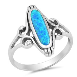 blue simulated opal long oval ring new .925 sterling silver celtic band size 7