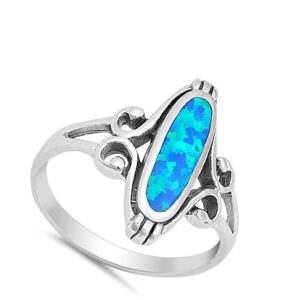 Blue Simulated Opal Long Oval Ring New .925 Sterling Silver Celtic Band Size 7