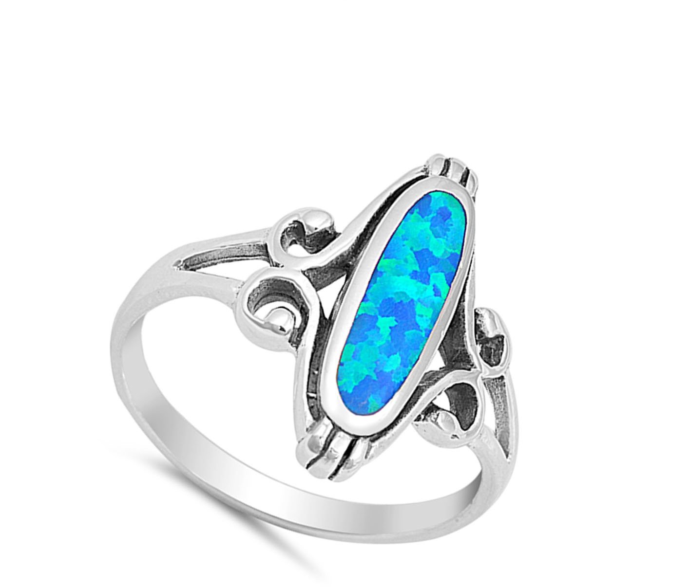 Blue Simulated Opal Long Oval Ring New .925 Sterling Silver Celtic Band Size 7