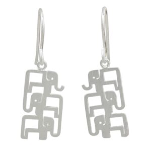 novica artisan handmade sterling silver dangle earrings brushed threeelephant thailand animal themed [1.3 in l x 0.4 in w] ' elephant pyramid'