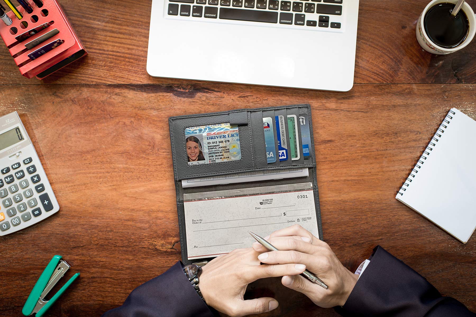 Black RFID Leather Checkbook Cover With Credit Card Slots and Pen Holder