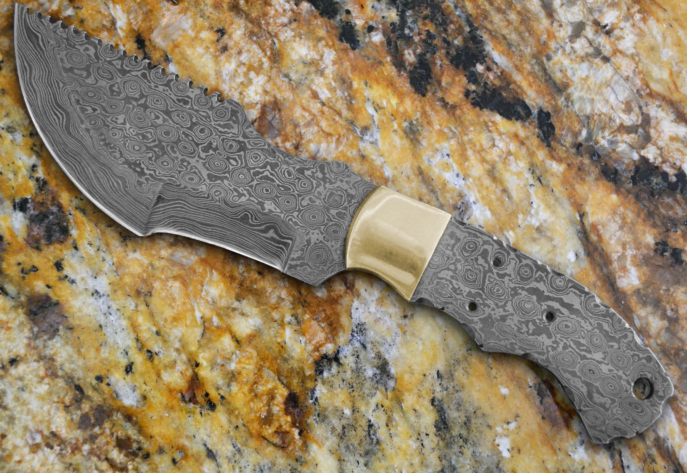 Whole Earth Supply Tracker Damascus Large Knife Blank +Brass Finger Guard for Custom Making Knives Blade Blades Blanks Hunting