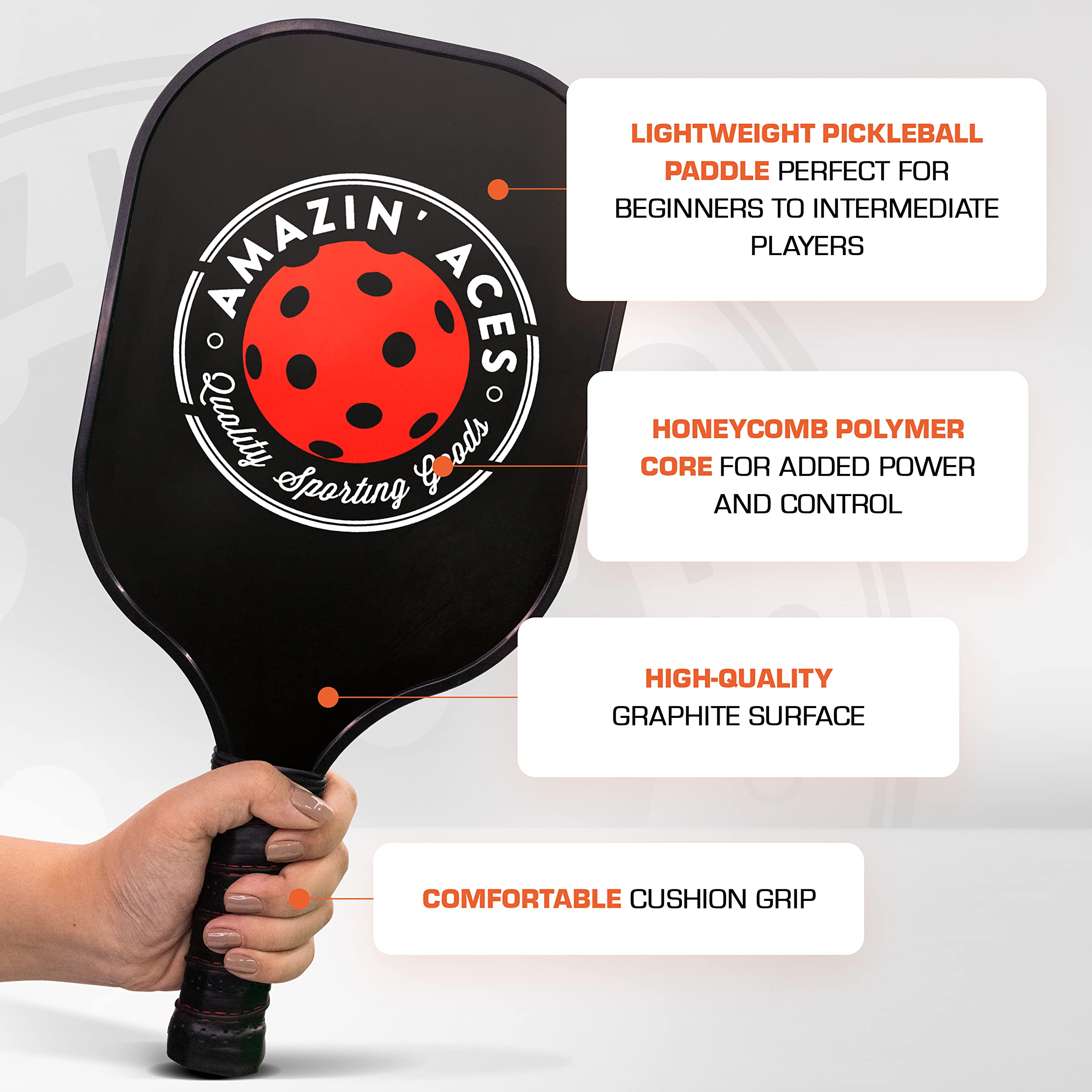 Amazin' Aces Graphite Pickleball Paddle | Racket Features Graphite Face & Honeycomb Polymer Core | Meets USAPA Specifications (Black)