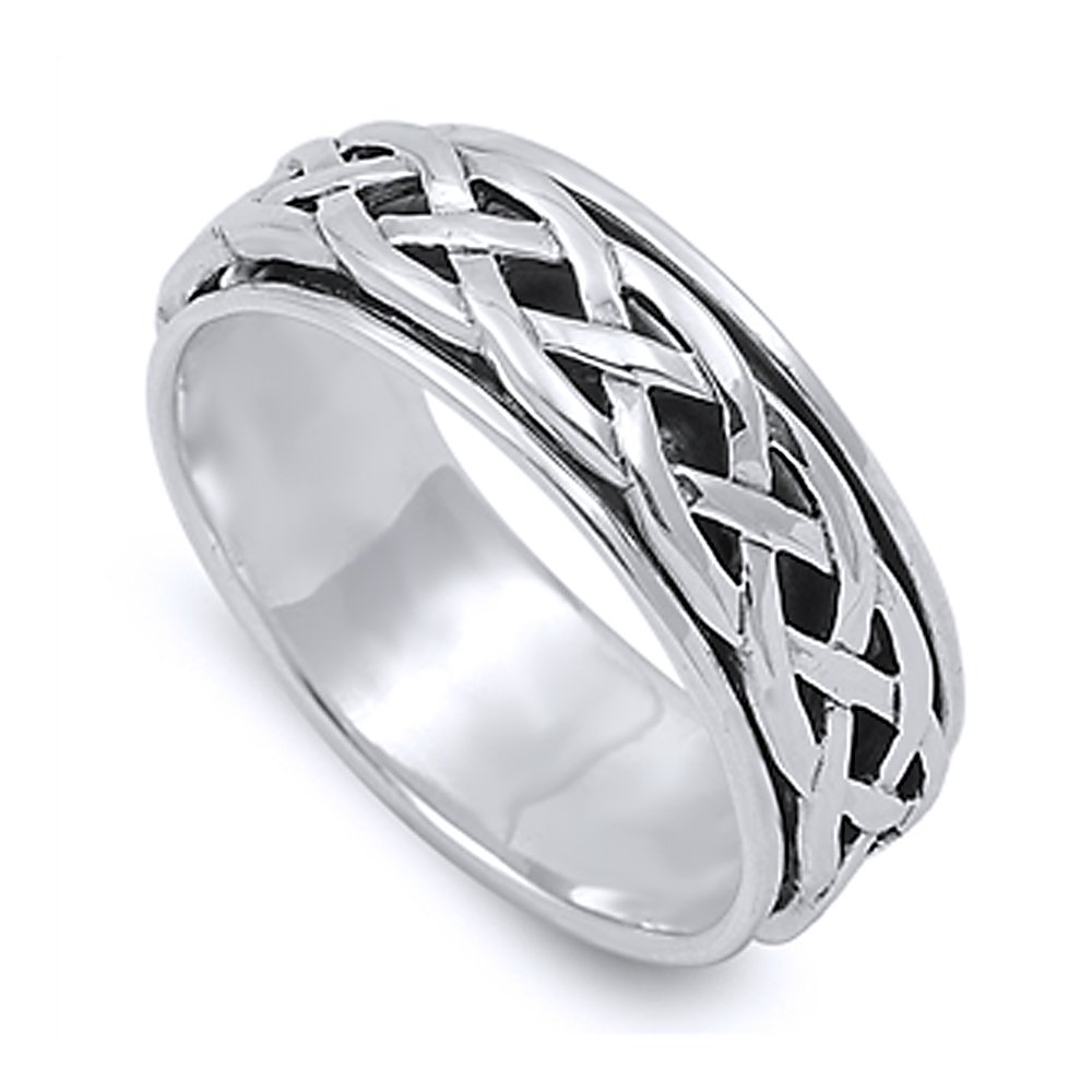 Double Accent Sterling Silver Wedding & Engagement Ring Celtic Design Spinner Wedding Band 8mm (Size 4 to 14) Size 6