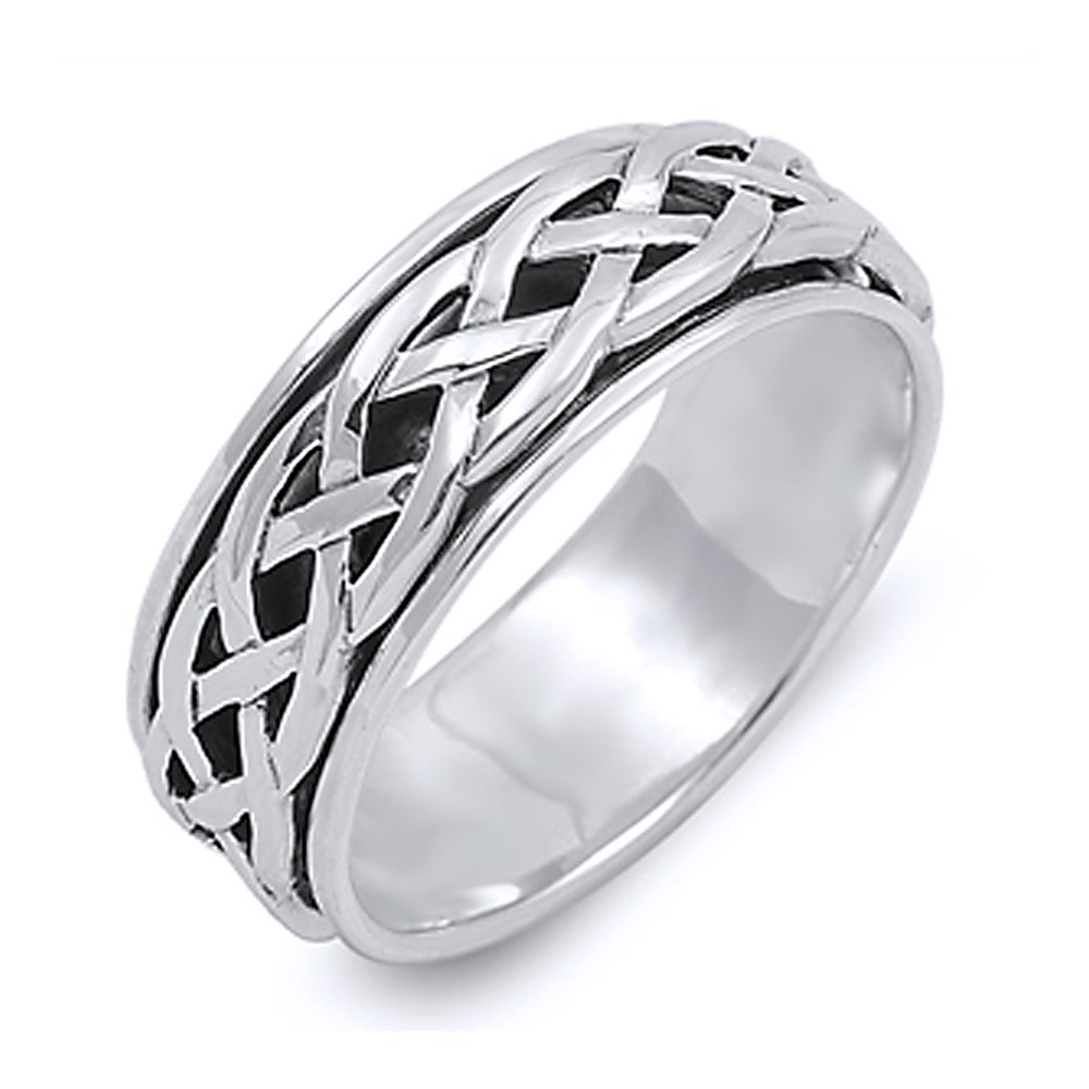 Double Accent Sterling Silver Wedding & Engagement Ring Celtic Design Spinner Wedding Band 8mm (Size 4 to 14) Size 6