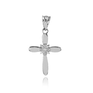 14k white gold diamond accented 1” solitaire natal starburst flower petal cross crucifix pendant (?-? color, i1 clarity)