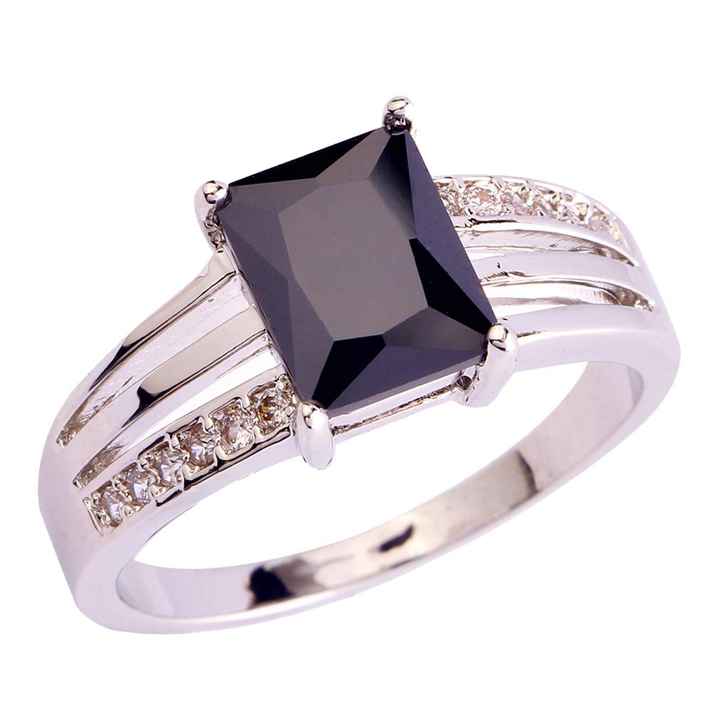 Empsoul Silver Plated Emerald Shaped Natural Chic Created Black Spinel & White Topaz Proposal Wedding Engagement Bridal Women Ring Size 8