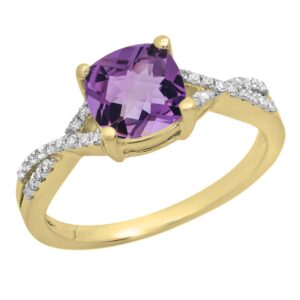 dazzlingrock collection 7mm cushion amethyst & round white diamond swirl crisscross split shank engagement ring for women | 14k yellow gold, size 6.5