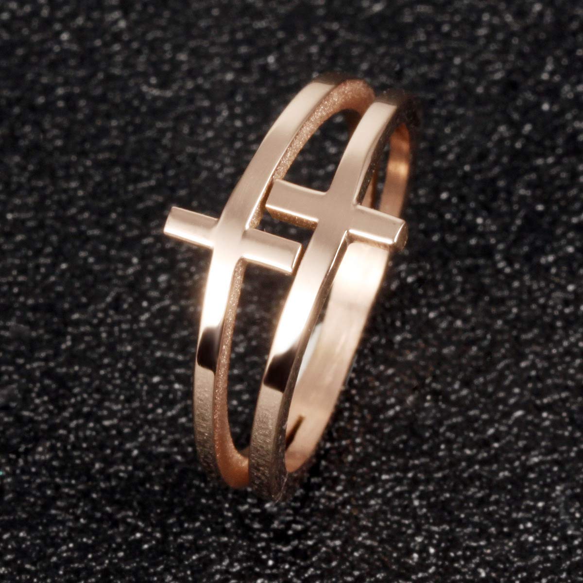 Womens Elegant 18K Rose Gold Stainless Steel Double Cross Ring Christian Fashion Wedding Engagement Band Size 7