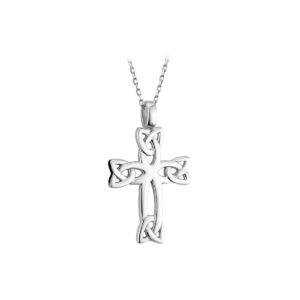 biddy murphy irish 925 sterling silver celtic trinity knot cross pendant necklace, traditional woven triquetra detail, 20" inch rolo chain, fine jewelry imported from ireland