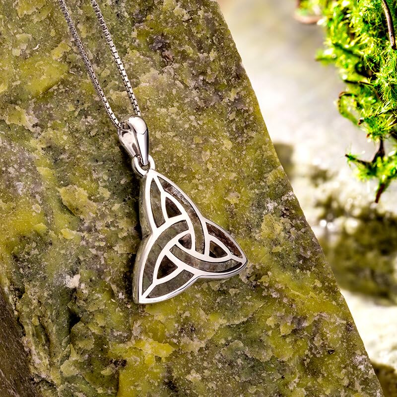 Biddy Murphy 925 Sterling Silver Celtic Trinity Knot Pendant & Connemara Marble Inlay, Traditional Irish Women's Jewelry Handcrafted by Ireland's Finest Artisan Jewelers, 18" Inch