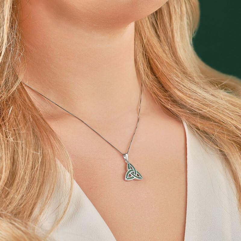 Biddy Murphy 925 Sterling Silver Celtic Trinity Knot Pendant & Connemara Marble Inlay, Traditional Irish Women's Jewelry Handcrafted by Ireland's Finest Artisan Jewelers, 18" Inch