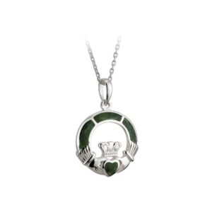 biddy murphy authentic 925 sterling silver irish claddagh necklace with connemara marble inlay, fine celtic jewelry for women, 18" length, 5/8" x 5/8" inch pendant, imported from ireland