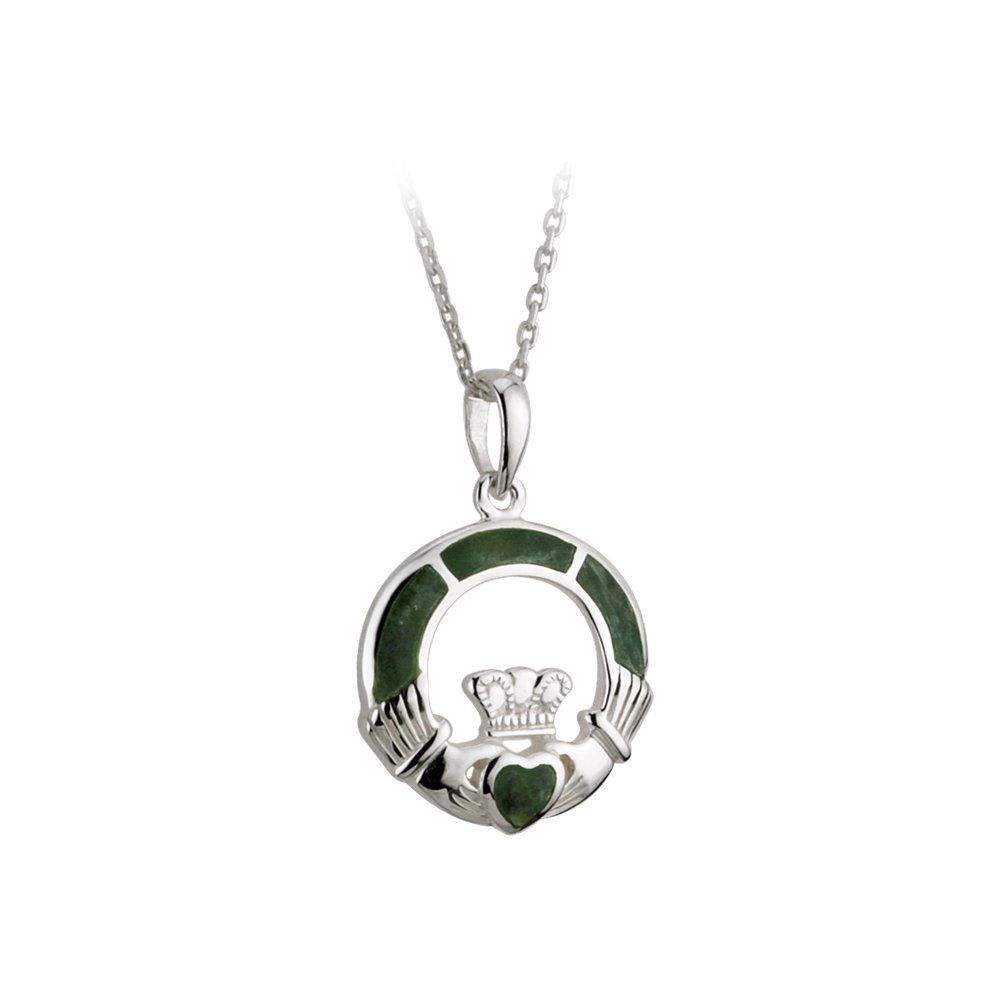 Biddy Murphy Authentic 925 Sterling Silver Irish Claddagh Necklace with Connemara Marble Inlay, Fine Celtic Jewelry for Women, 18" Length, 5/8" x 5/8" Inch Pendant, Imported from Ireland