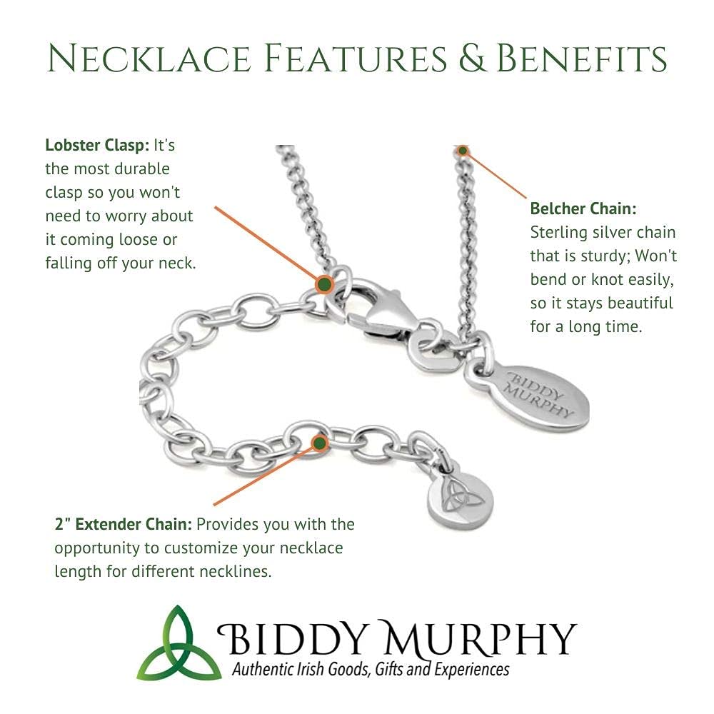 Biddy Murphy Authentic 925 Sterling Silver Irish Claddagh Necklace with Connemara Marble Inlay, Fine Celtic Jewelry for Women, 18" Length, 5/8" x 5/8" Inch Pendant, Imported from Ireland