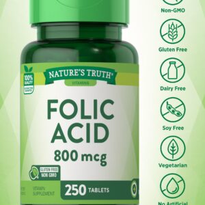 Nature's Truth Folic Acid | 800 mcg | 250 Tablets | Vegetarian, Non-GMO & Gluten Free Supplement