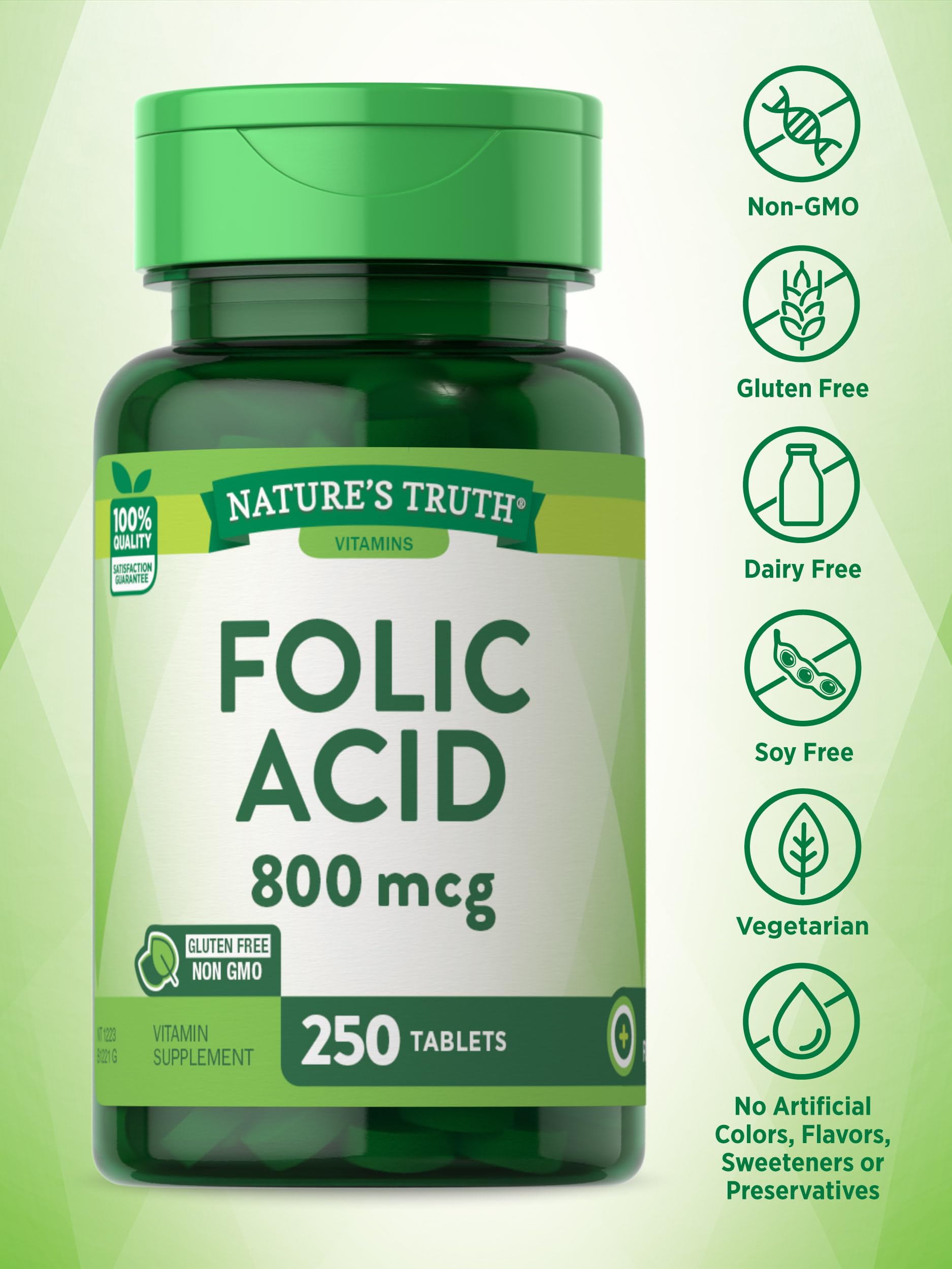 Nature's Truth Folic Acid | 800 mcg | 250 Tablets | Vegetarian, Non-GMO & Gluten Free Supplement