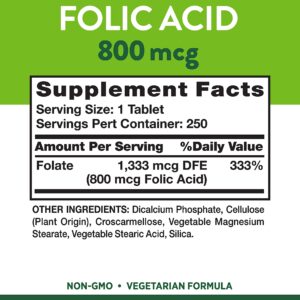 Nature's Truth Folic Acid | 800 mcg | 250 Tablets | Vegetarian, Non-GMO & Gluten Free Supplement