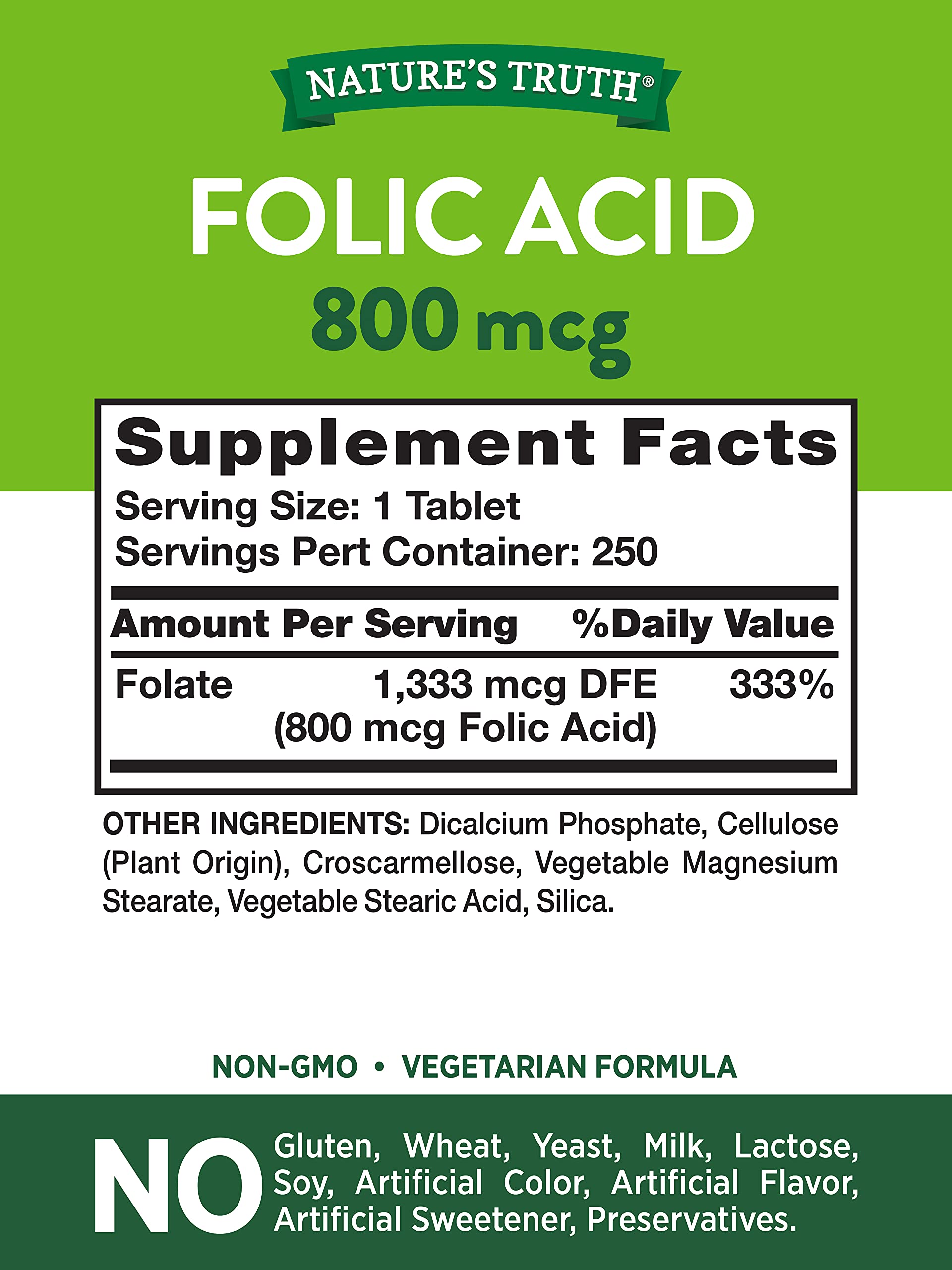 Nature's Truth Folic Acid | 800 mcg | 250 Tablets | Vegetarian, Non-GMO & Gluten Free Supplement